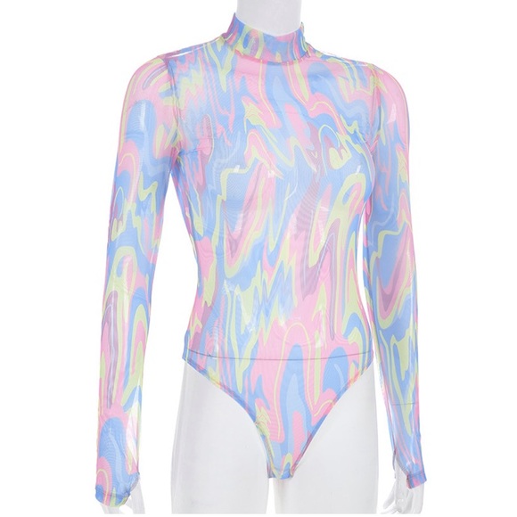 Tops | Colorful Trippy Long Sleeve Sheer Bodysuit | Poshmark
